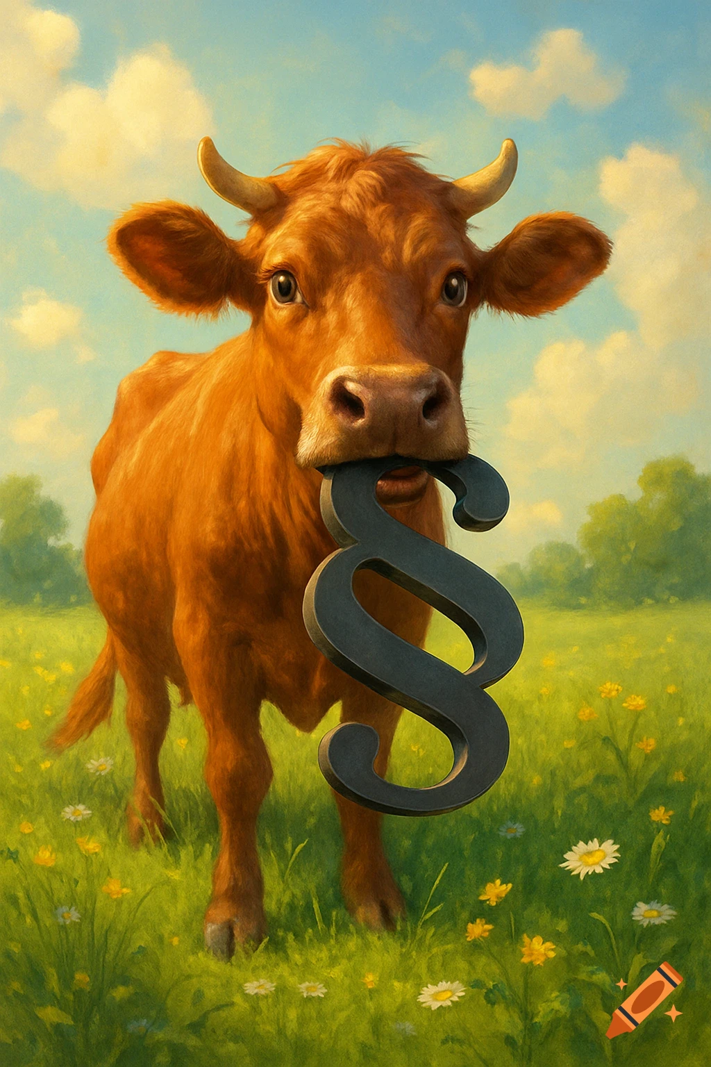 A brown cow holds a black paragraph symbol (") in its mouth, standing ...