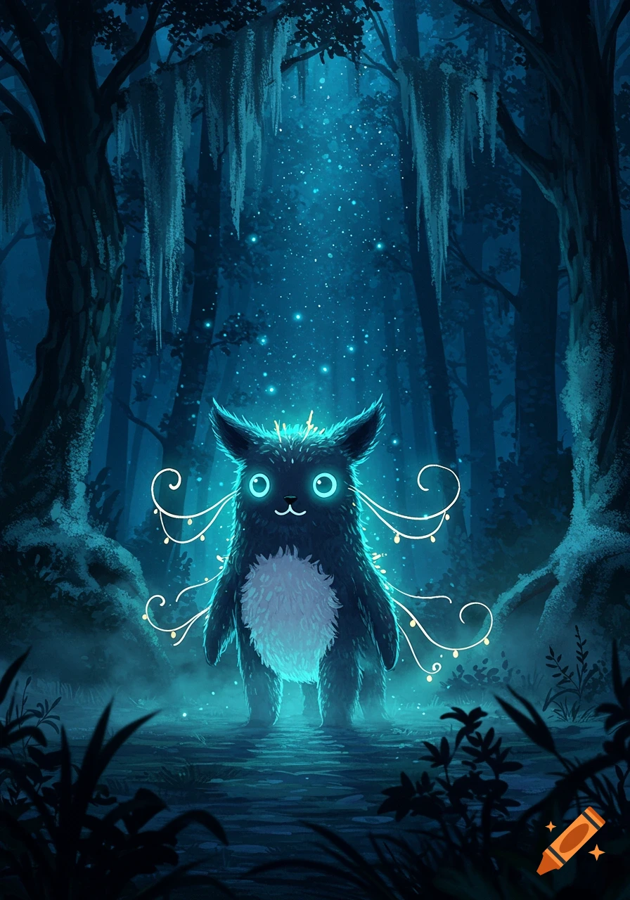 A whimsical, glowing black creature with big blue eyes stands in a ...