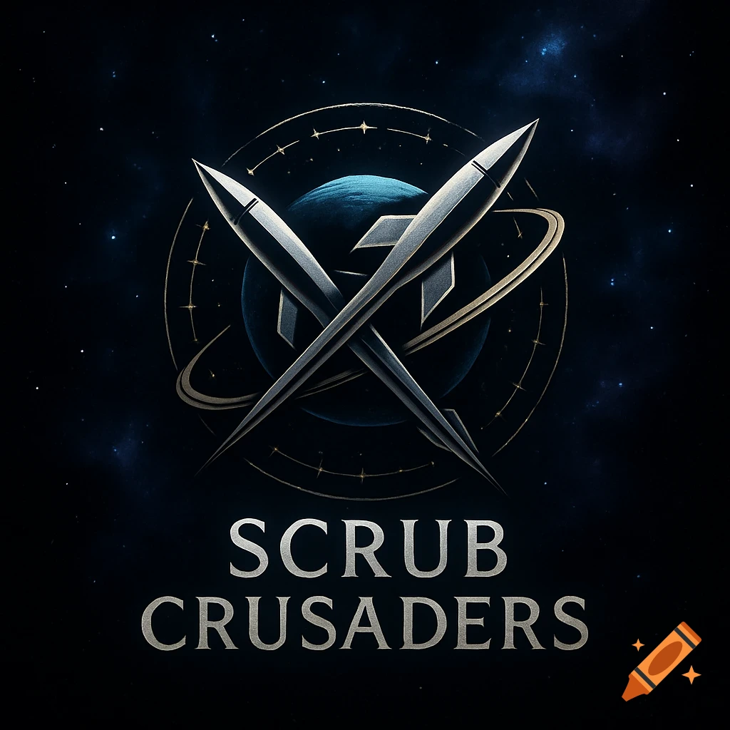 A space-themed logo features two silver rockets crossed over a blue ...