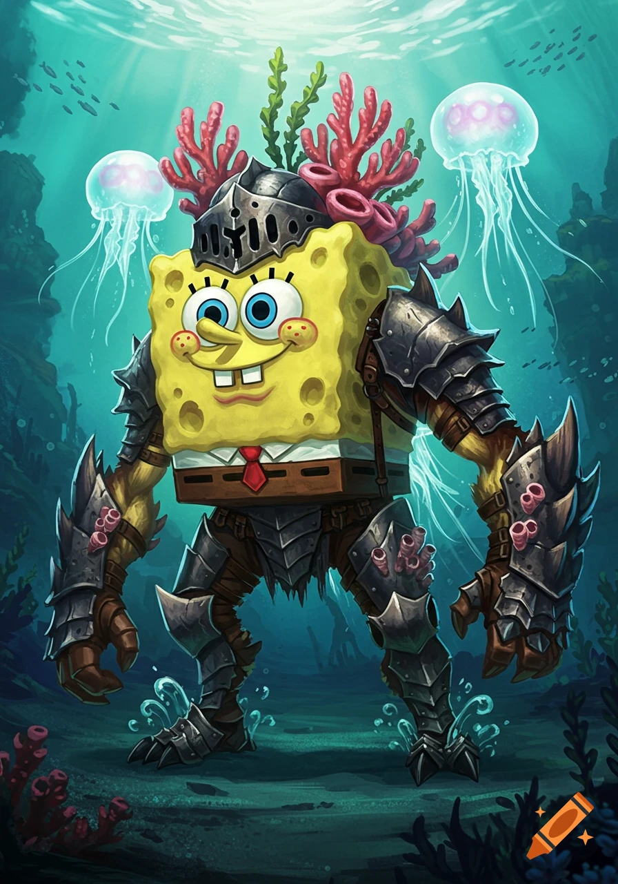 Spongebob Squarepants in dark, spiky fantasy armor with red coral ...