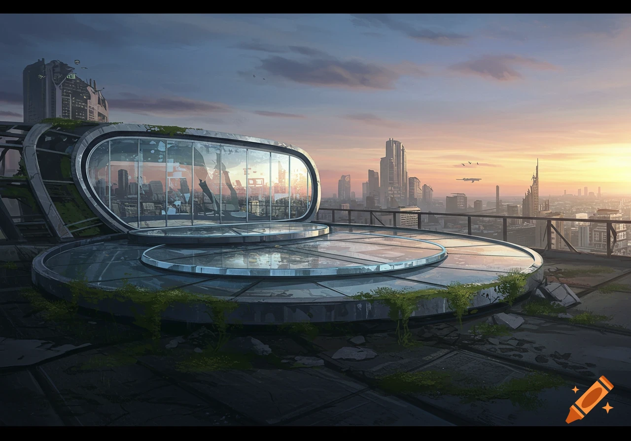 A futuristic ruined rooftop structure with curved glass walls reflects ...