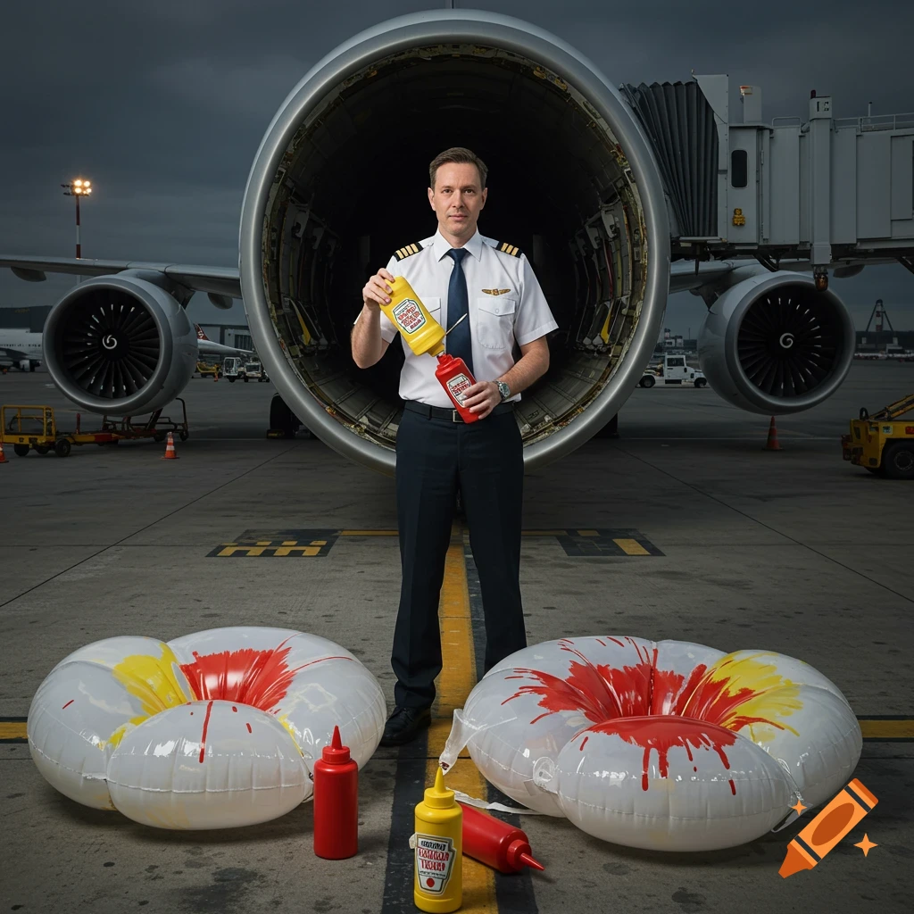 A photorealistic image of an airplane pilot holding ketchup and mustard ...
