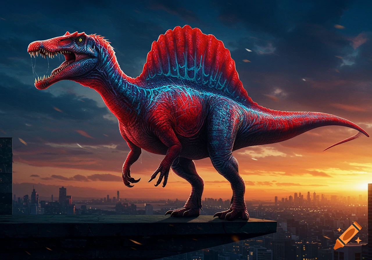 Vibrant red and blue Spinosaurus with glowing patterns standing on a ...