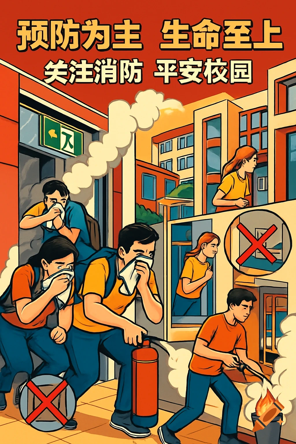 A cartoon fire safety poster showing students evacuating a building ...