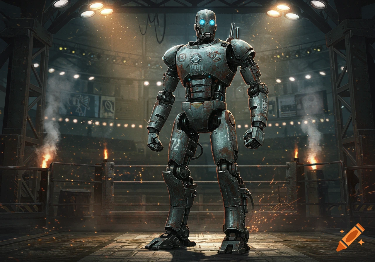 A large, weathered metal robot with glowing blue eyes stands in a dimly ...