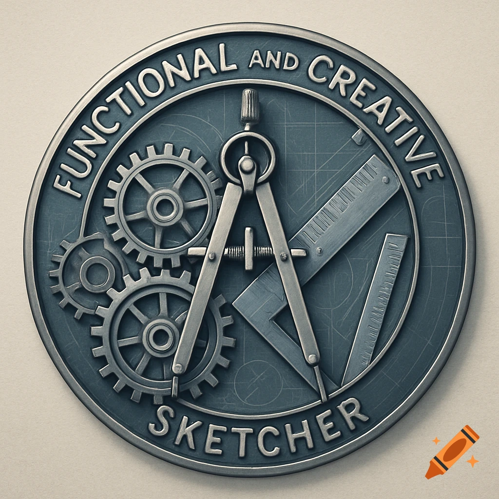 A circular, metallic badge featuring engineering tools like gears, a ...