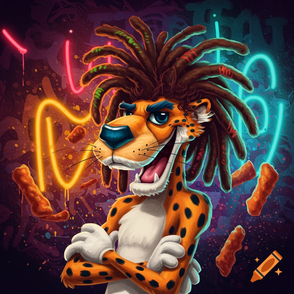 A cartoon cheetah with dreadlocks and a wide smile, arms crossed ...