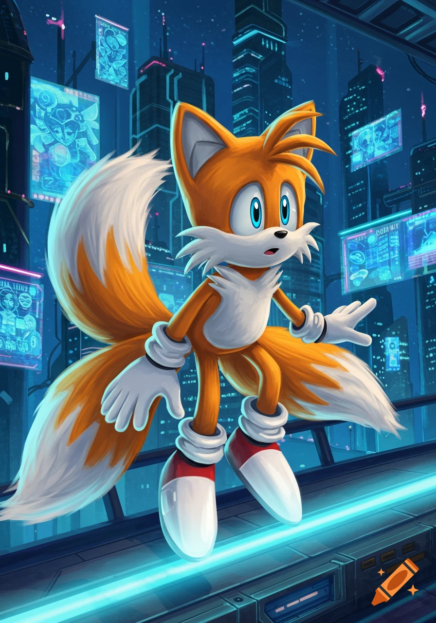 Tails the fox stands on a futuristic glowing platform overlooking a ...