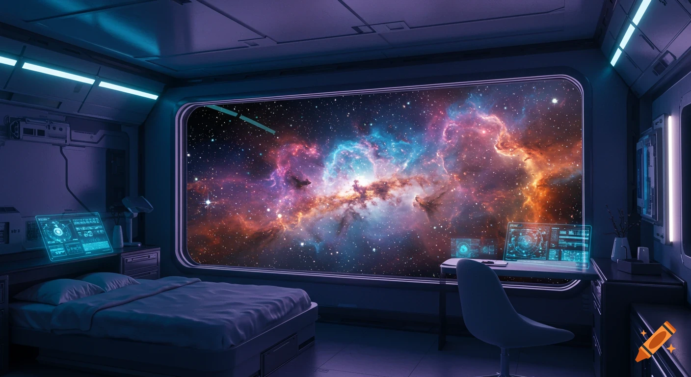 A futuristic spaceship suite featuring a bed and a desk with ...