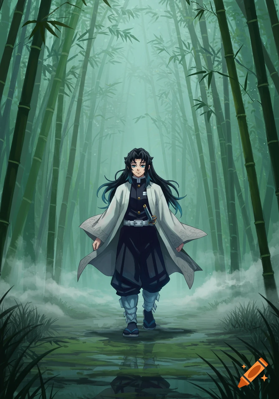A black-haired anime character, Muichiro, walks through a misty, green ...