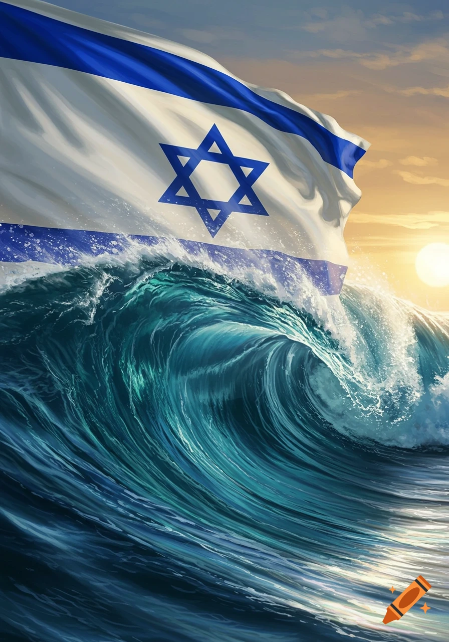 A large Israeli flag dramatically draped over a powerful blue ocean ...