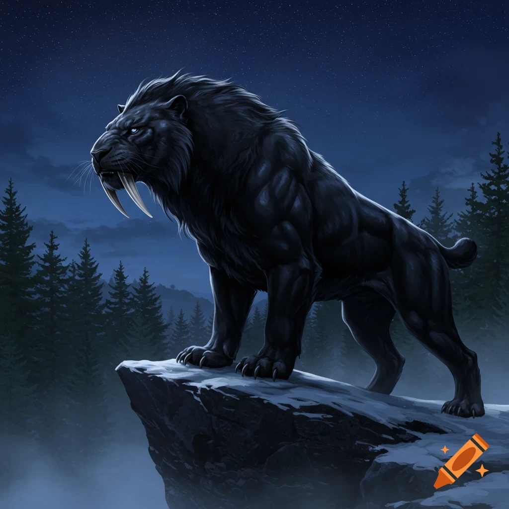 A powerful black sabertooth tiger with glowing blue eyes stands on a ...