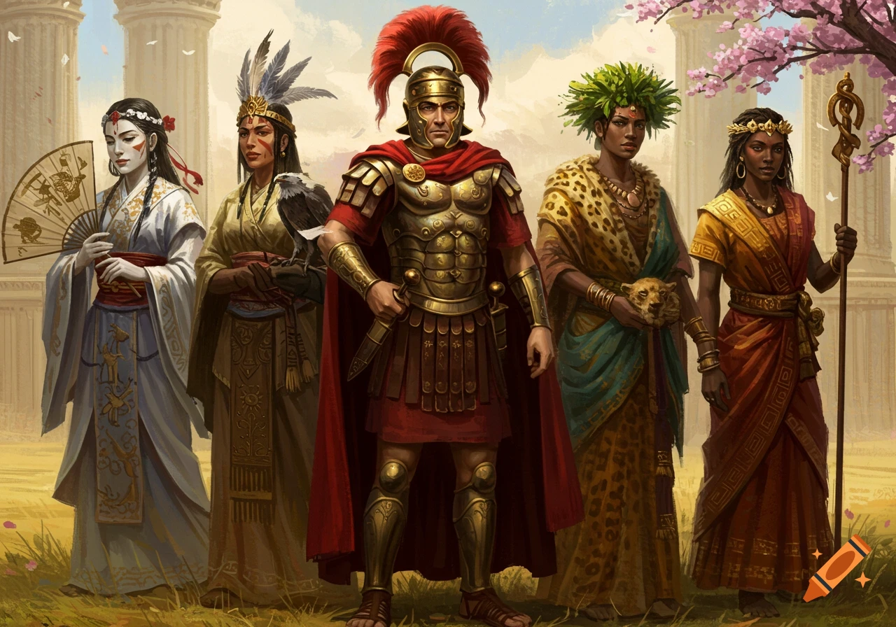 A Roman general in golden armor stands with women in diverse East Asian ...