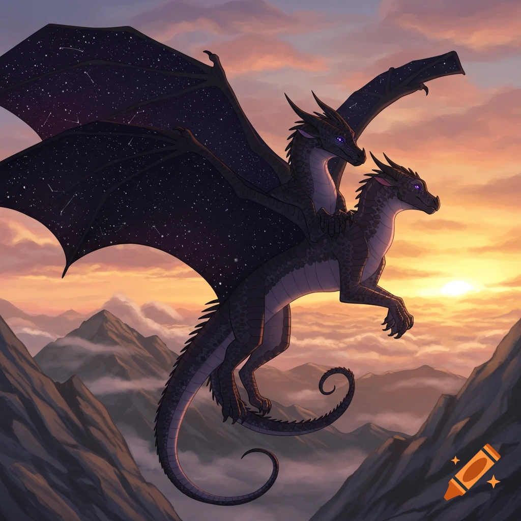 Two Nightwing dragons fly romantically over misty mountains at sunrise ...
