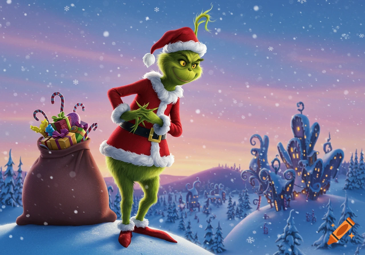 The Grinch in a Santa suit stands mischievously next to a sack of ...