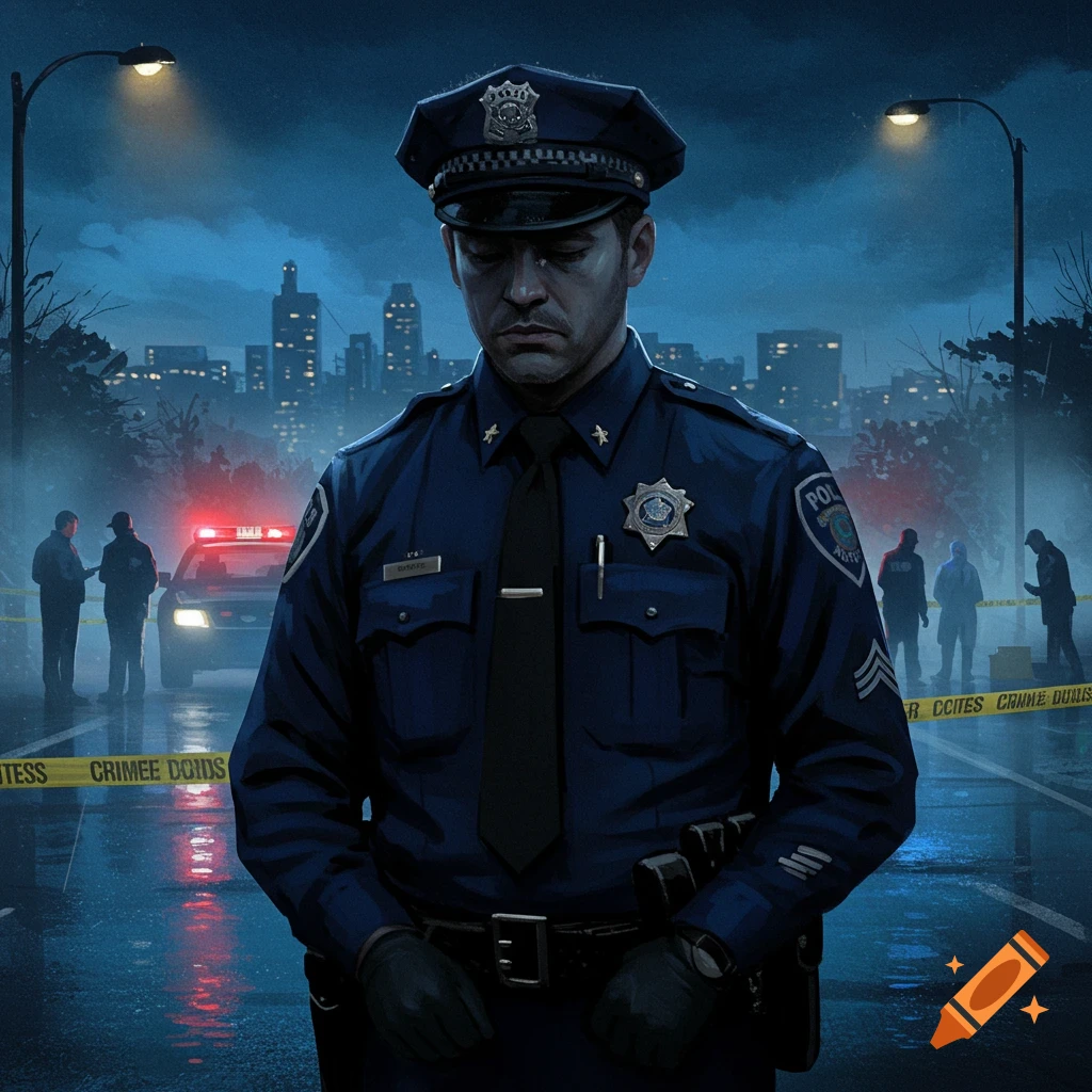 A somber police officer stands at a rainy crime scene in a city at ...