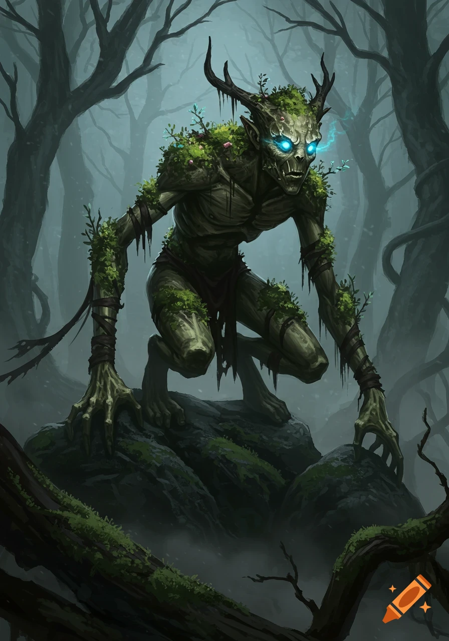 A gnarled, moss-covered forest creature with glowing blue eyes and ...