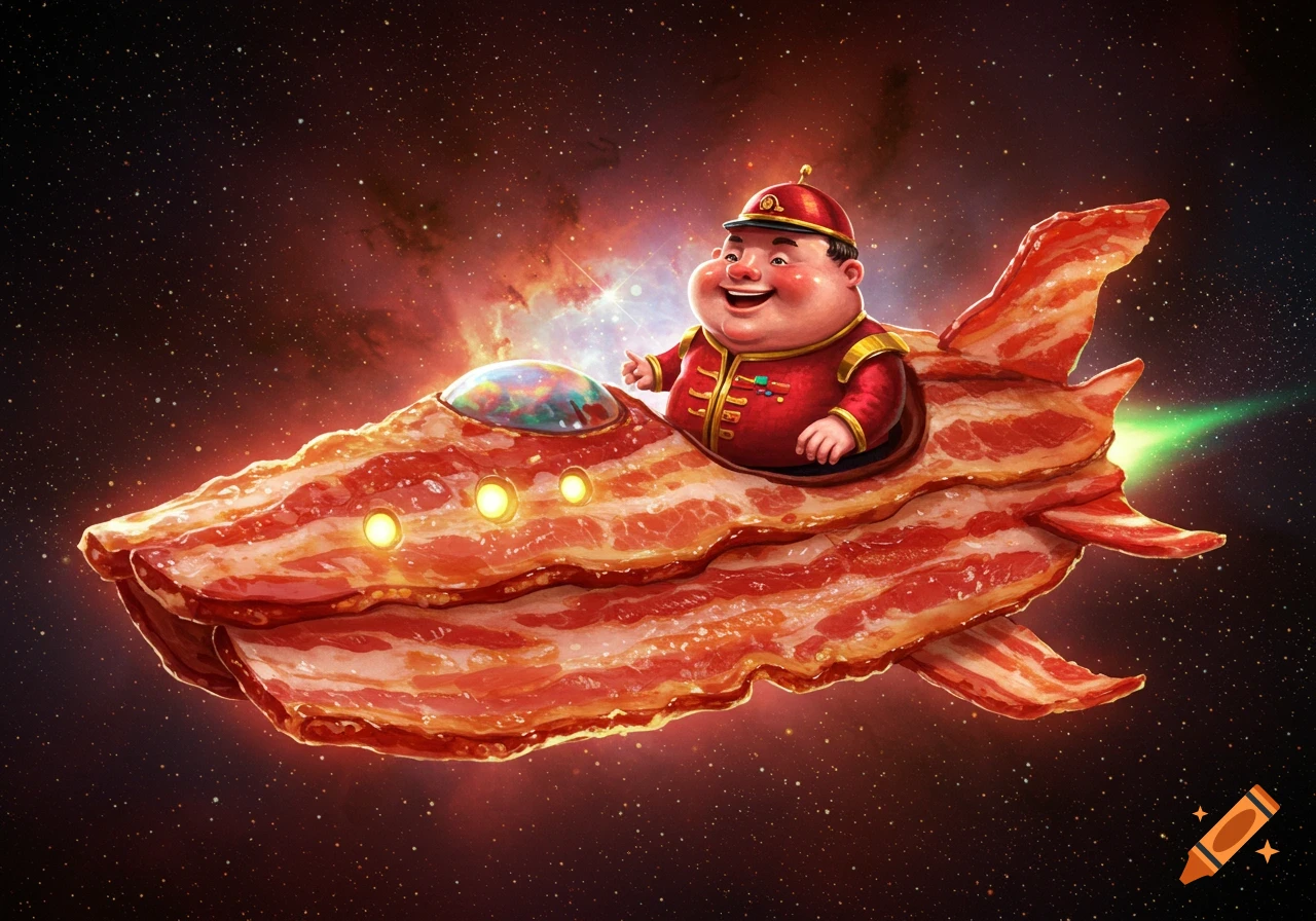 A plump, smiling cartoon captain in a red uniform flies a vibrant bacon ...