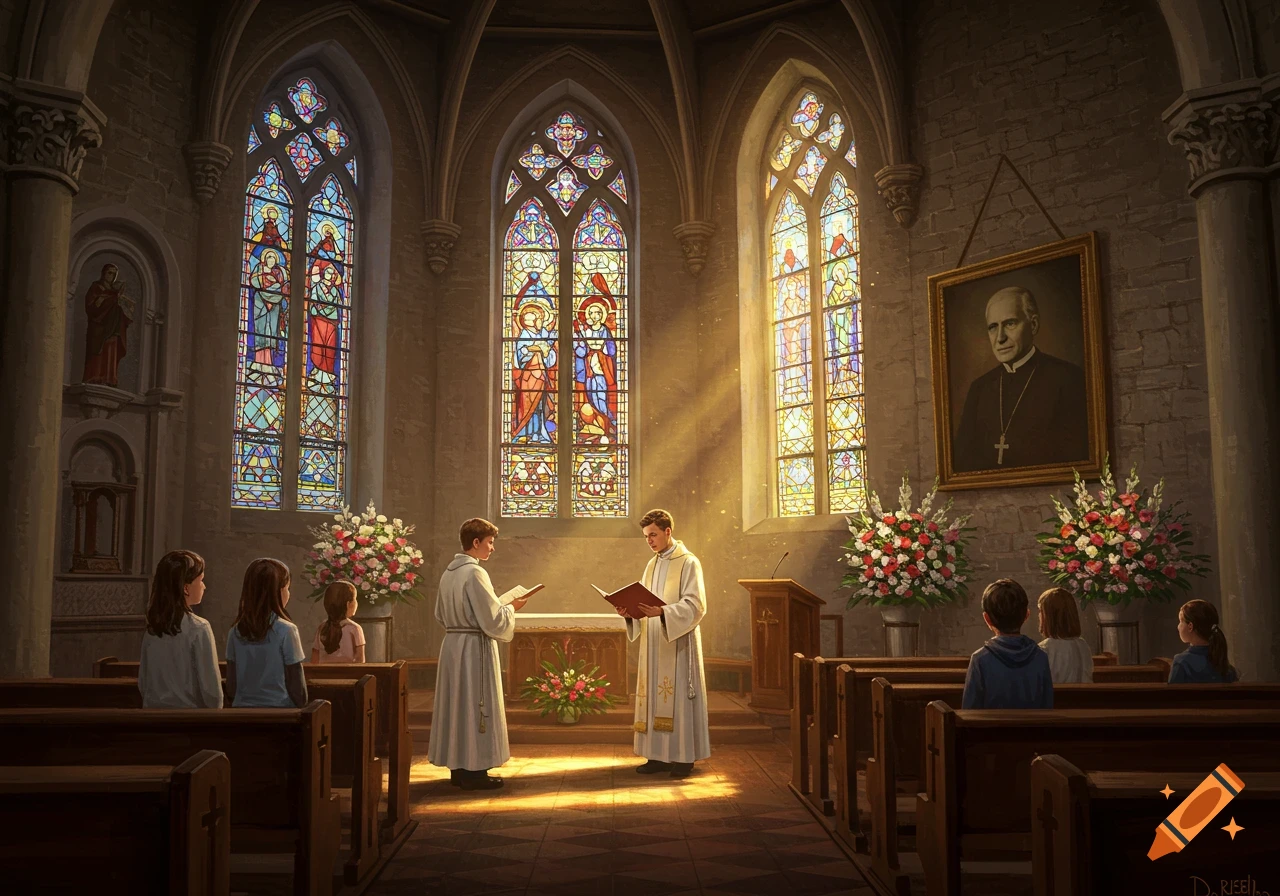 Two priests read in a sunlit church, with children in pews, stained ...