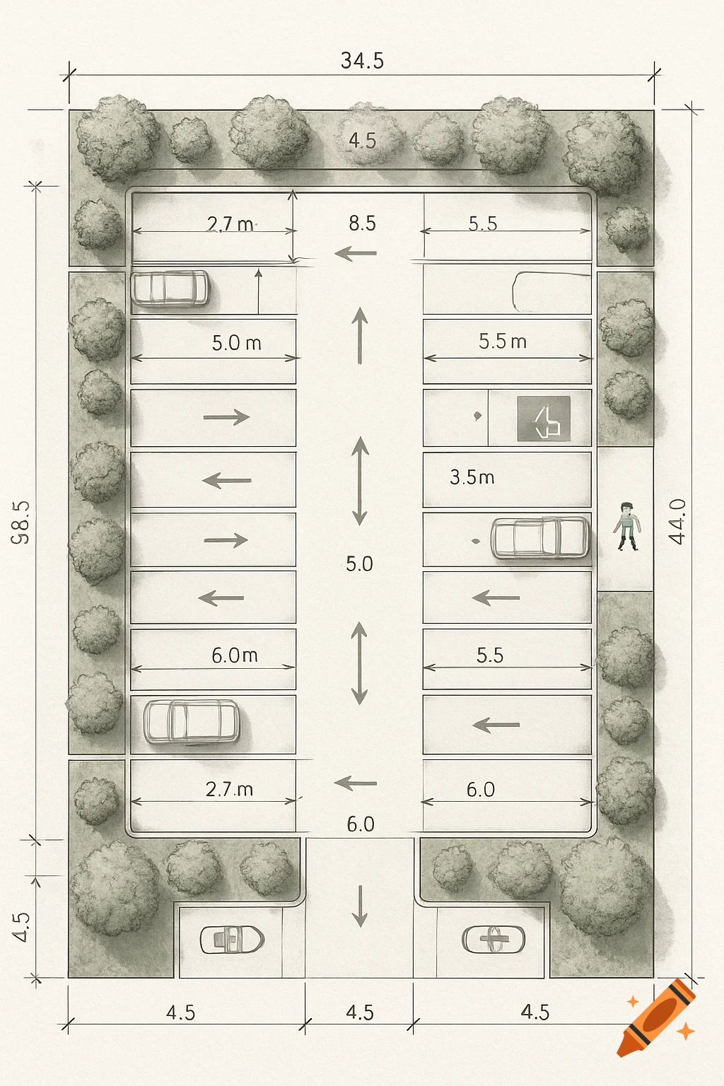 Overhead blueprint diagram of a parking lot with dimensions, parking ...