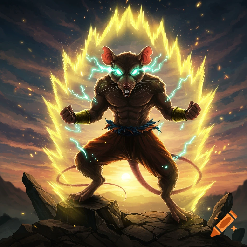 A muscular, anthropomorphic rat with glowing green eyes and yellow ...