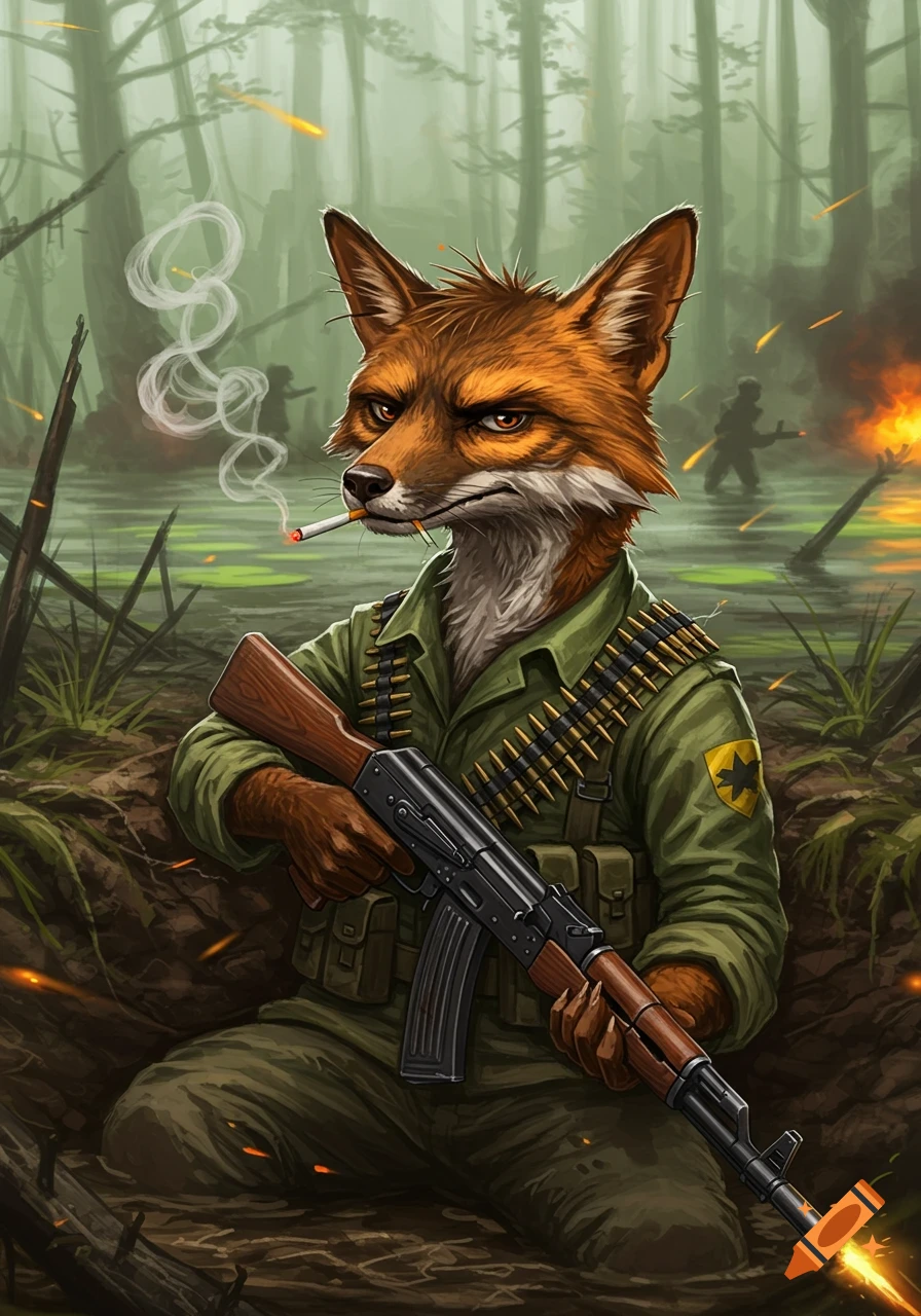 A detailed digital painting of an anthropomorphic fox soldier smoking a ...