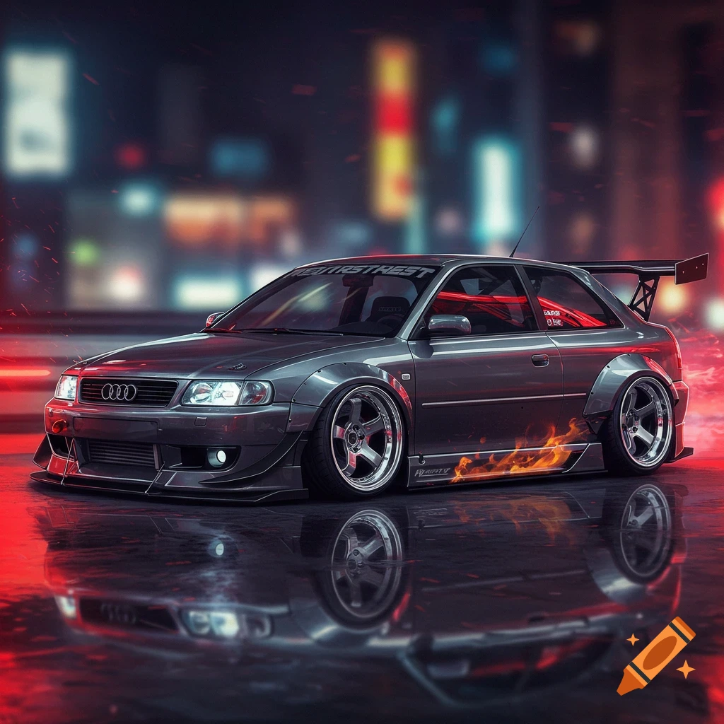 A customized grey Audi A3 with chrome wheels, wide body kit, large rear ...