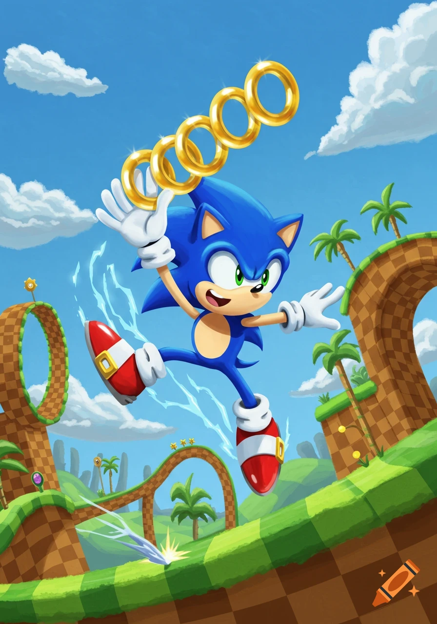 Sonic the Hedgehog jumps across a green hill zone with loops and palm ...