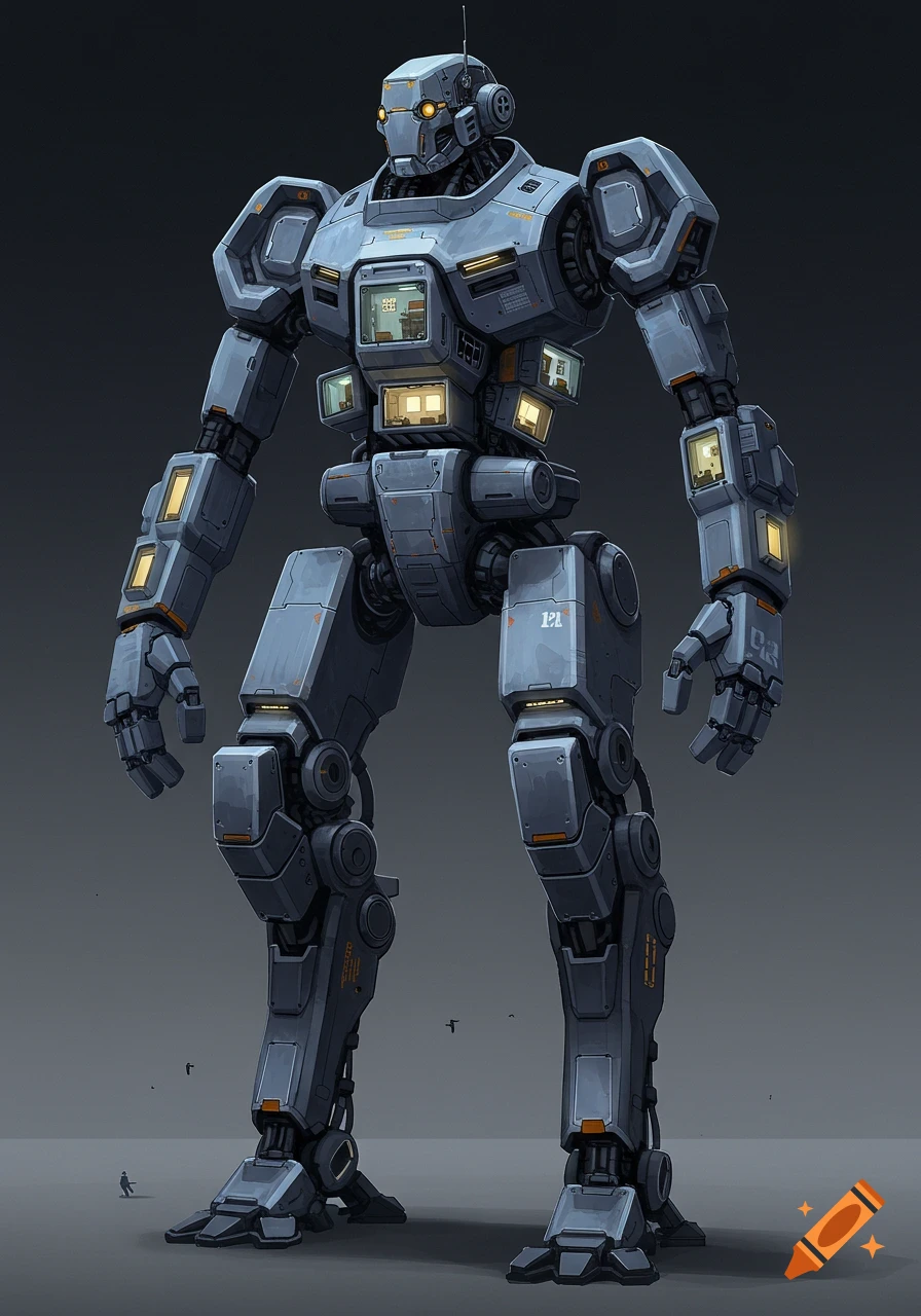 A large, gray and dark gray sci-fi robot with glowing yellow windows ...