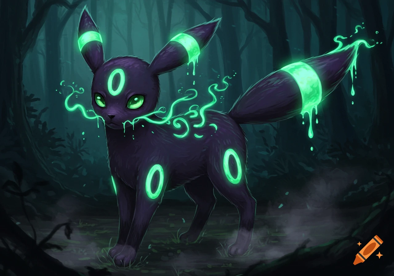 A poison-type Umbreon with deep violet fur, glowing neon green rings ...