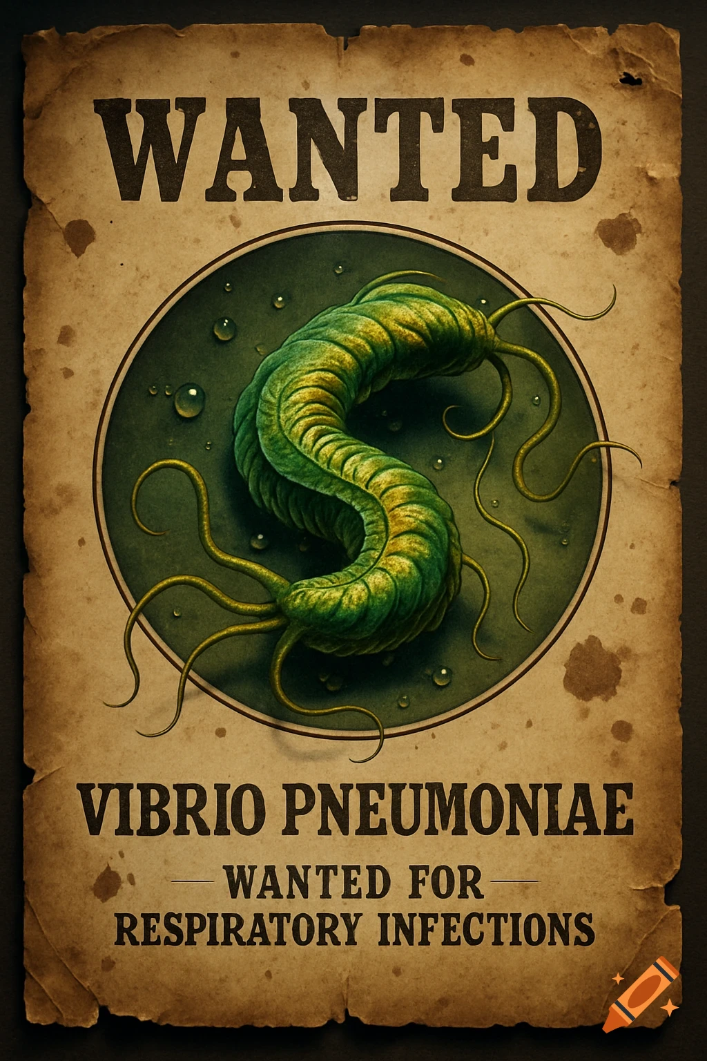 Vintage-style 'WANTED' poster for 'VIBRIO PNEUMONIAE', a green worm ...