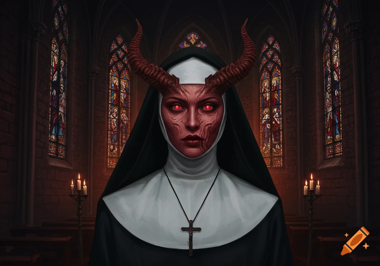 A dark fantasy illustration of a nun with a red, horned, demonic face ...