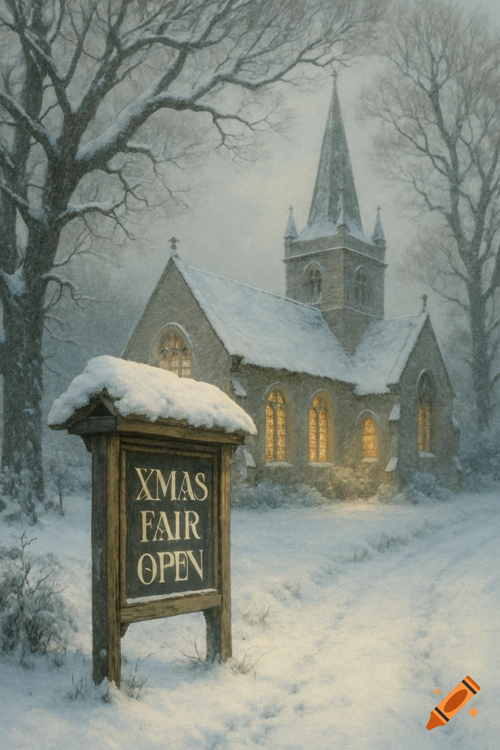A snow-covered stone church with illuminated windows and a steeple ...