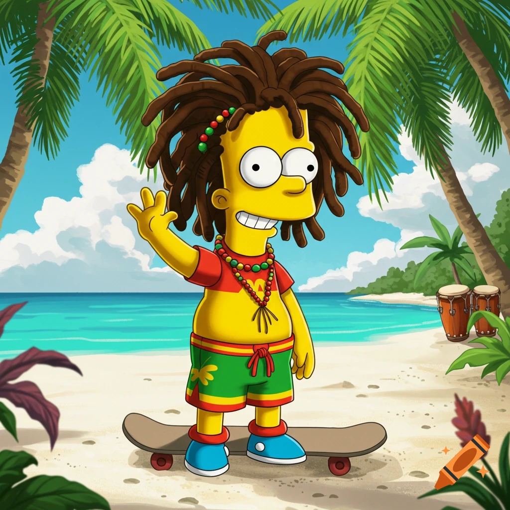 Bart Simpson with dreadlocks, wearing a red, yellow, and green outfit ...