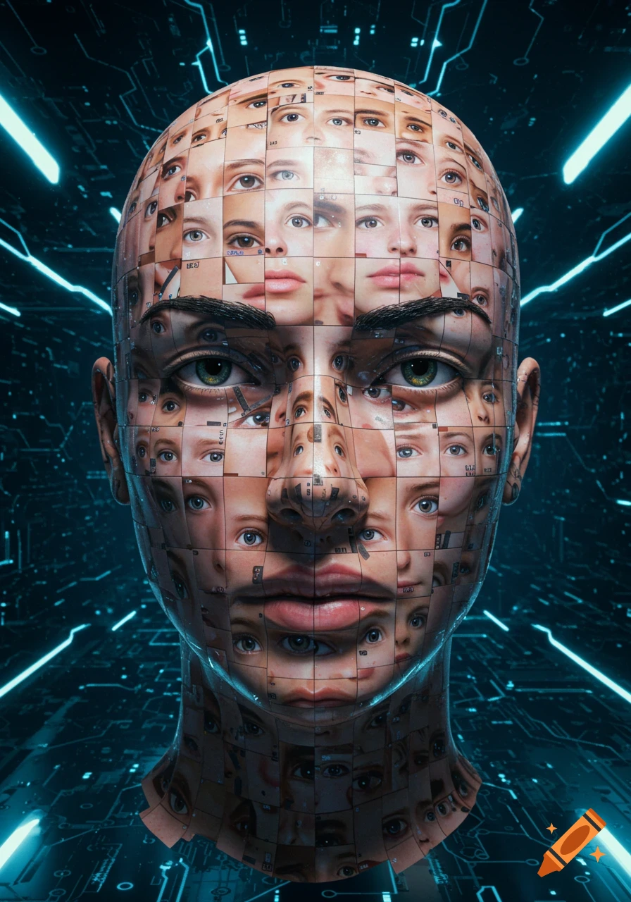 A futuristic, abstract portrait of a human head made of many tiled face ...