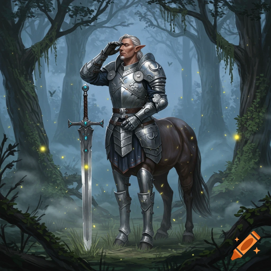 A centaur paladin in silver armor shades his eyes, looking into a misty ...