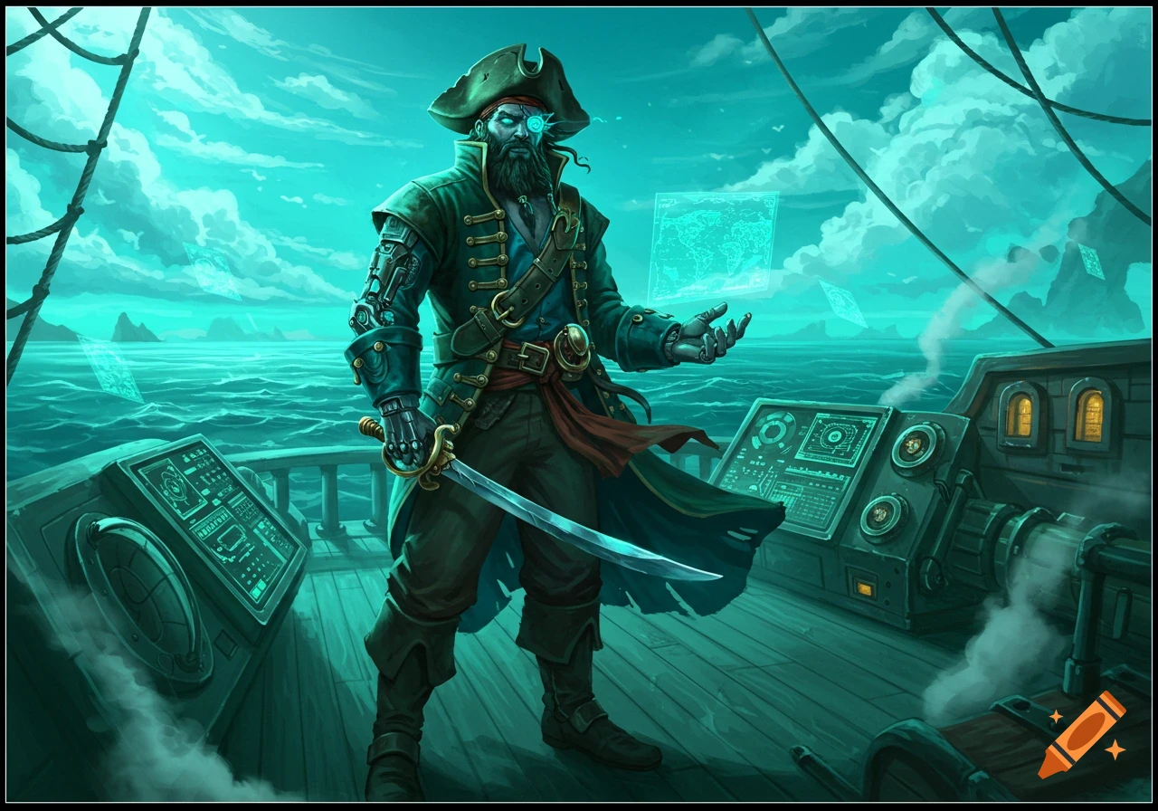 A cyberpunk pirate with a cybernetic arm and a monocle stands on a ship ...