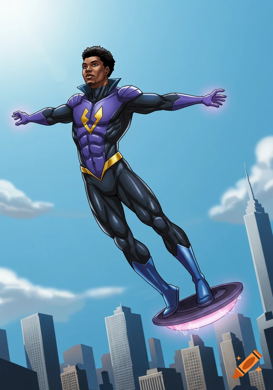 A Black superhero in a black and violet suit with a gold symbol flies ...