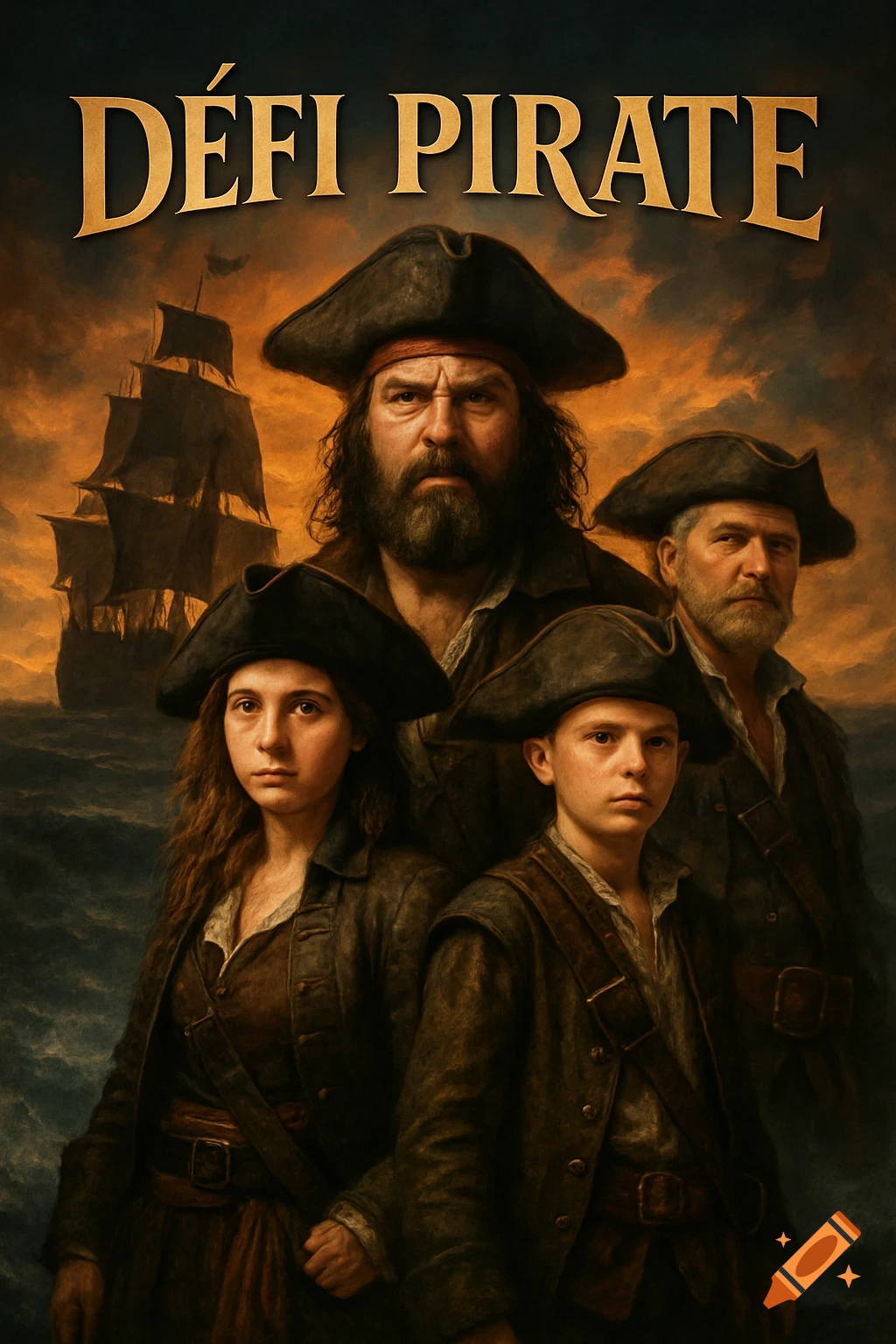 A dramatic pirate movie poster depicting a bearded captain, a woman ...