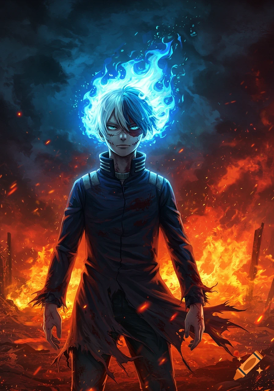 Anime character Touya Todoroki with blue flames around his head ...