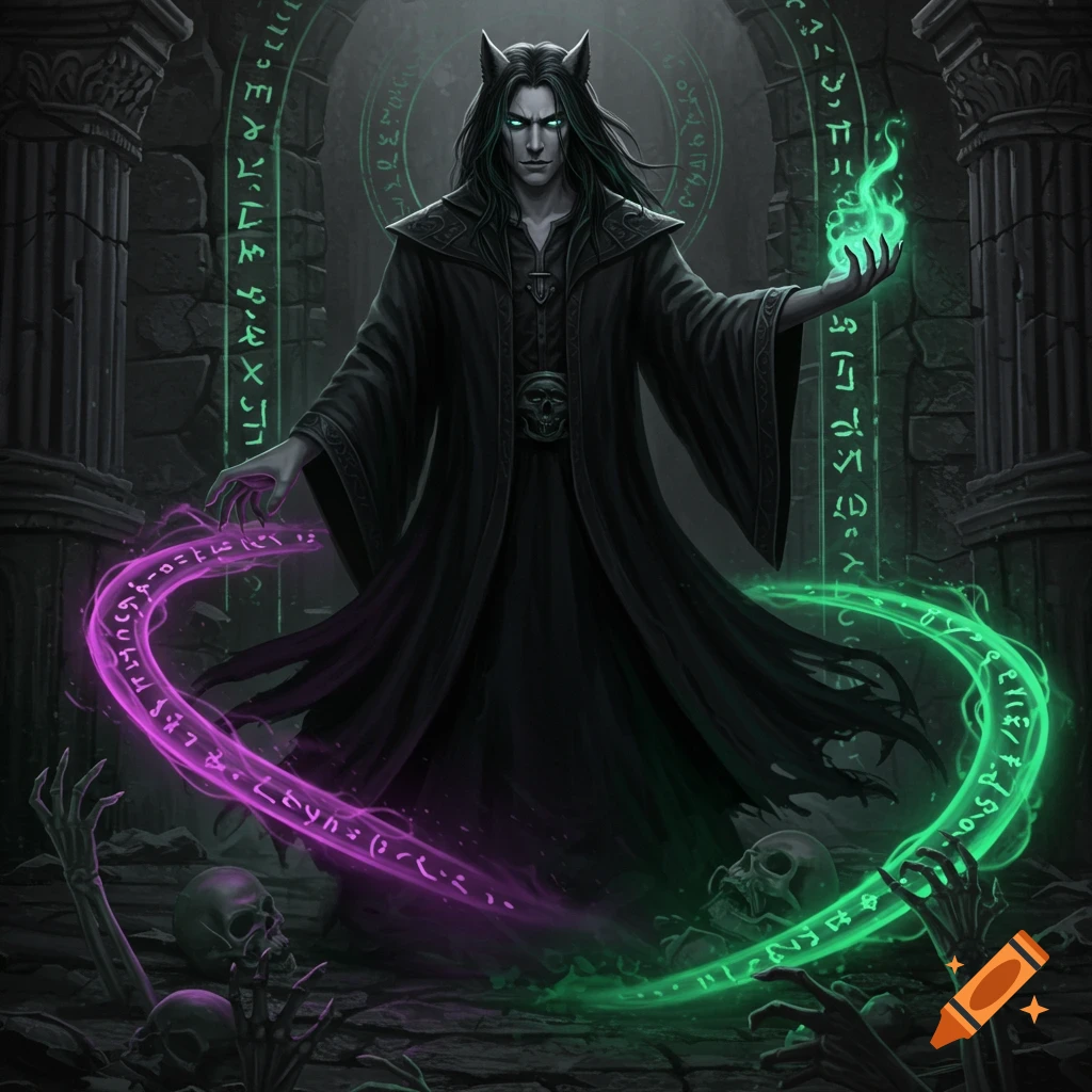 A male necromancer with long black hair, pointed ears, and glowing ...