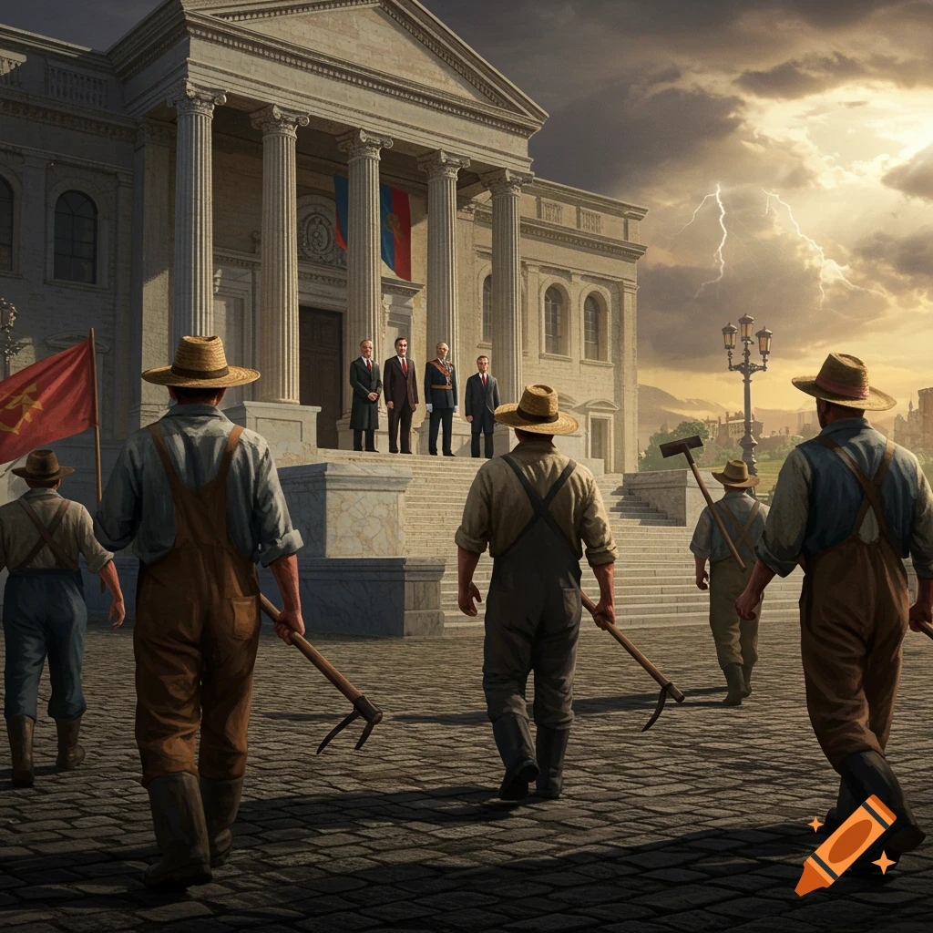 Farmers with tools march toward a classical building where government ...