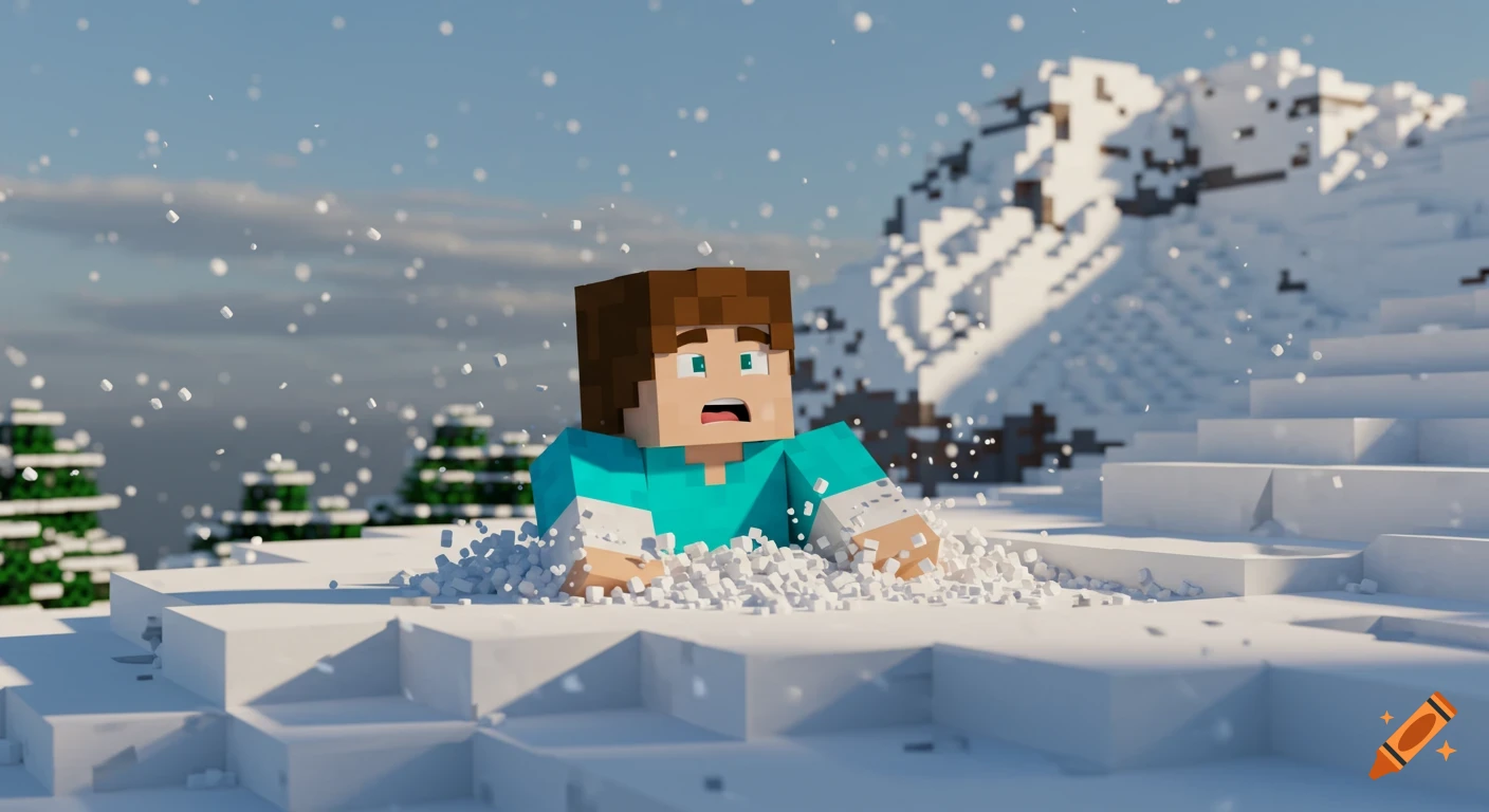 A blocky Minecraft-style character with a surprised expression sinks ...