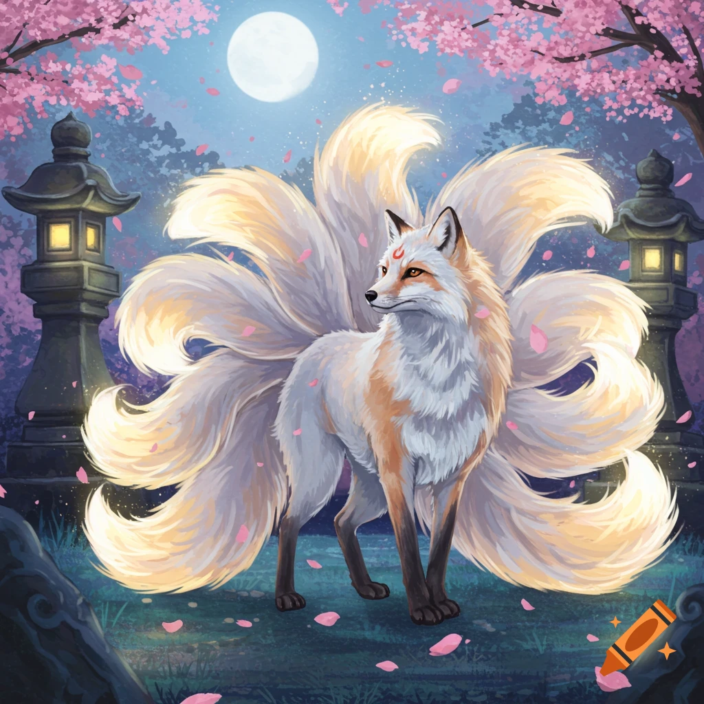 A white and orange nine-tailed kitsune under pink cherry blossoms, a full moon, and stone ...