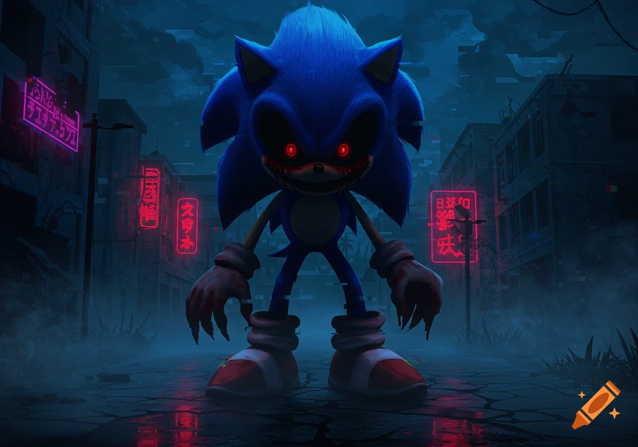 A menacing Sonic.exe with glowing red eyes and bloody hands stands in a ...
