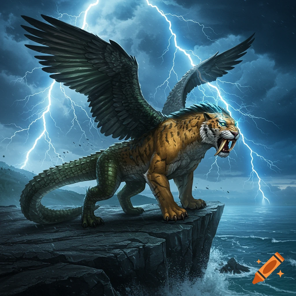 A powerful mythological creature, a saber-tooth tiger with a crocodile ...