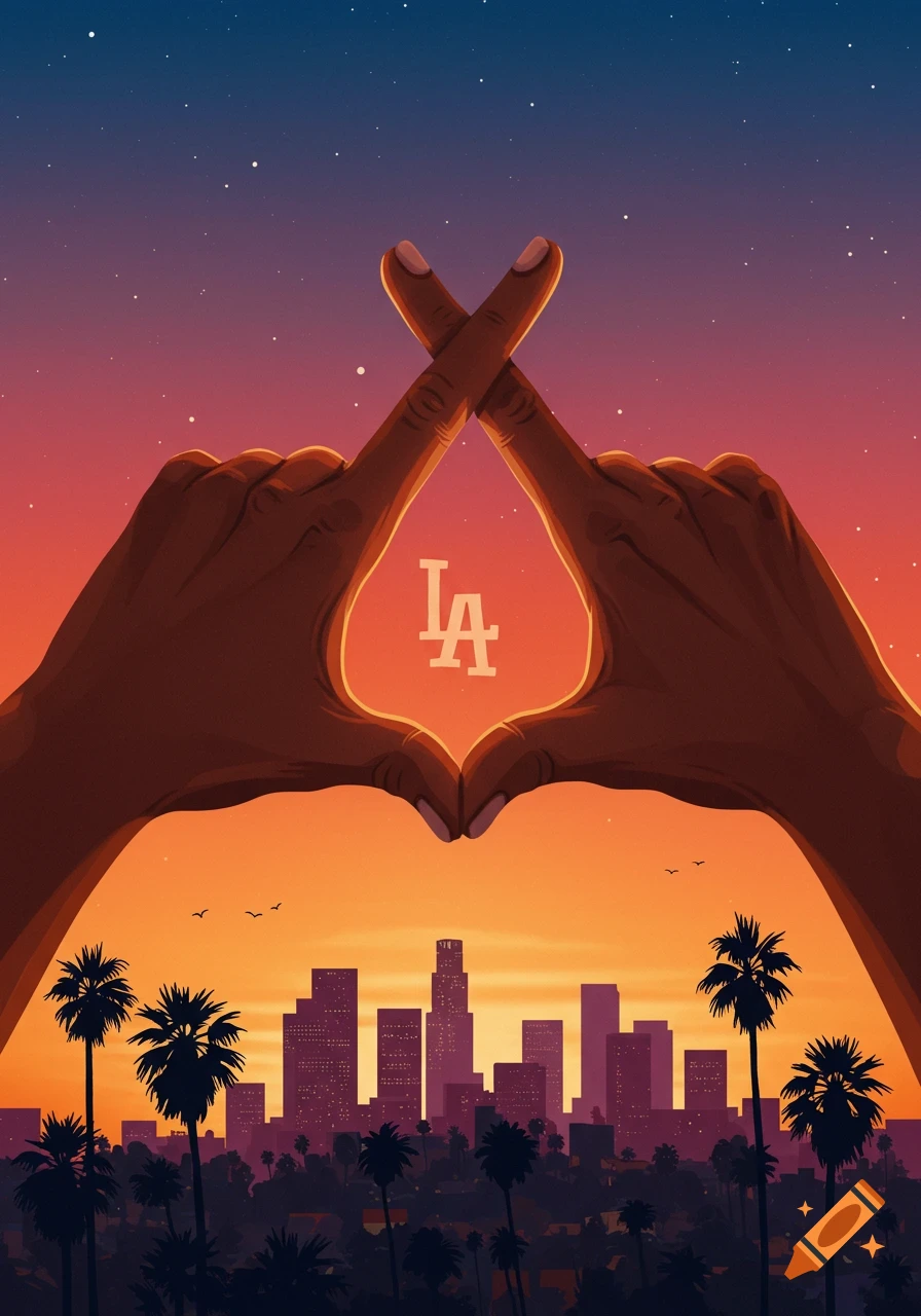 Stylized illustration of hands forming an "LA" symbol over a Los ...