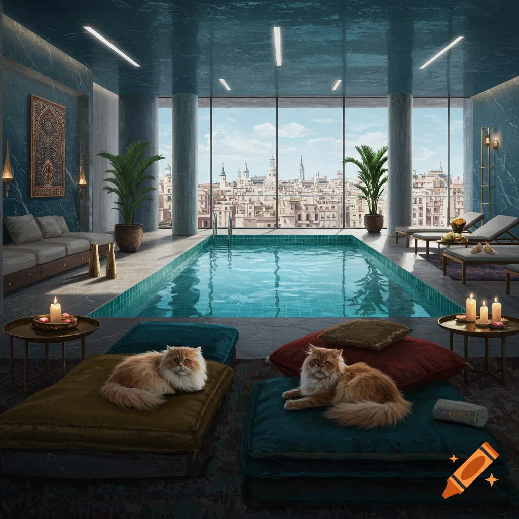 Two fluffy Persian cats lounge by a luxurious indoor swimming pool with a cityscape view. on Craiyon