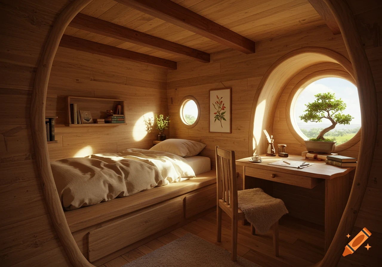 Cozy, hobbit-hole style bedroom and study made of light wood, with a ...