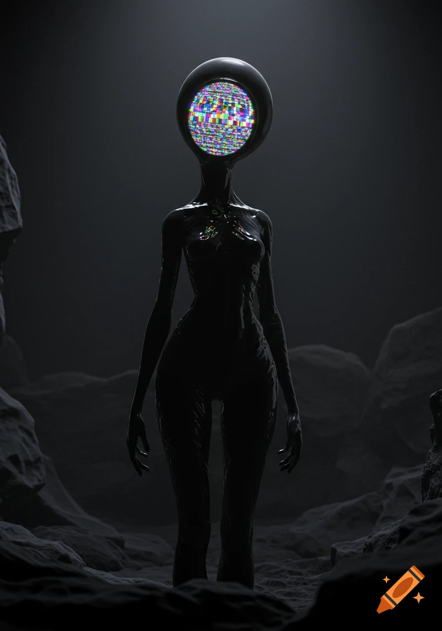 A dark, slender, humanoid figure with shiny black skin and a head ...